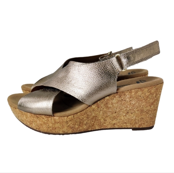 Clarks | Shoes | Clarks Annadel Metallic Gold Leather Wedge Platform ...